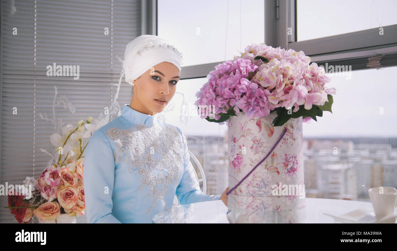 Beautiful muslim bride with make up in blue traditional dress for nikah ...