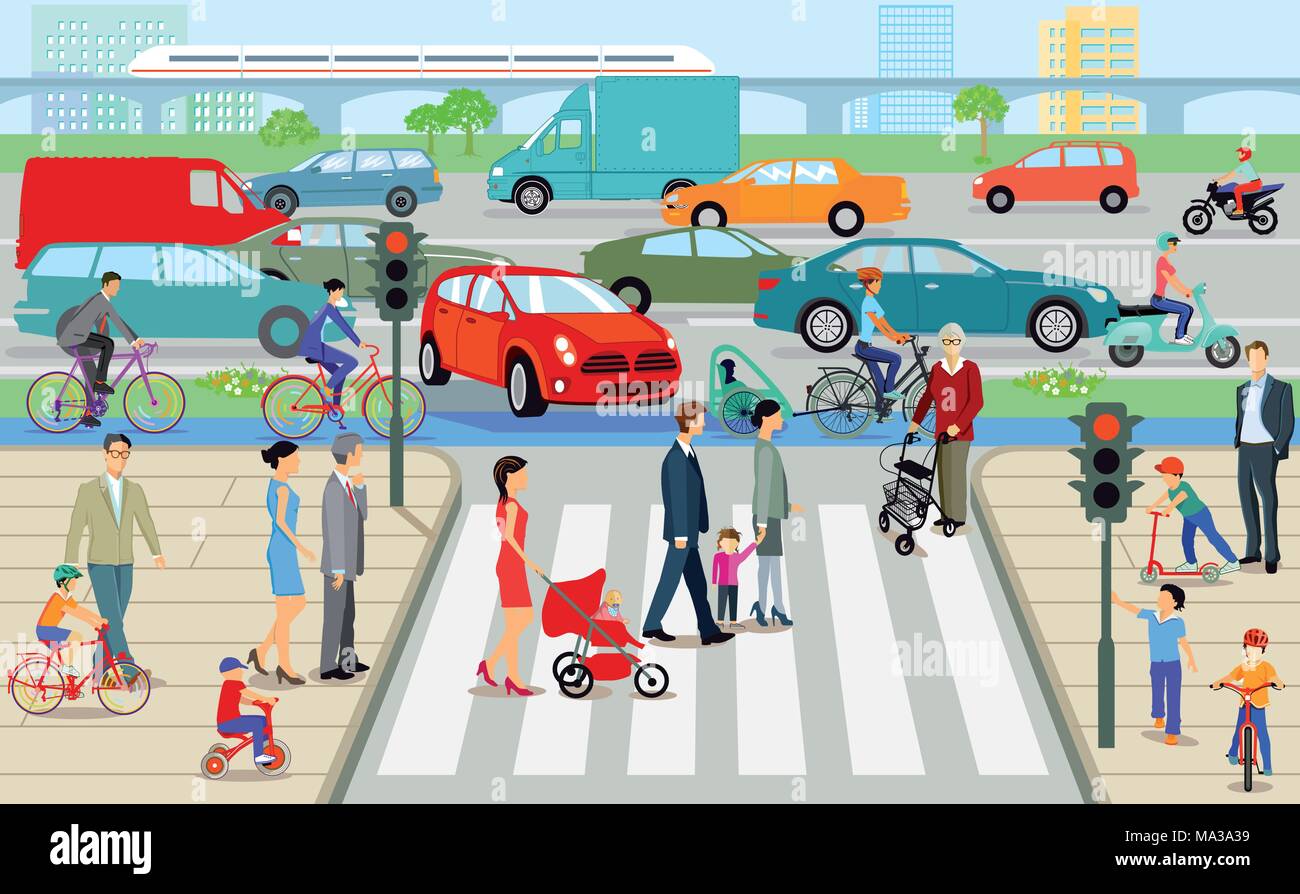 City With Pedestrian Crossing And Road Traffic Illustration Stock Vector Image And Art Alamy