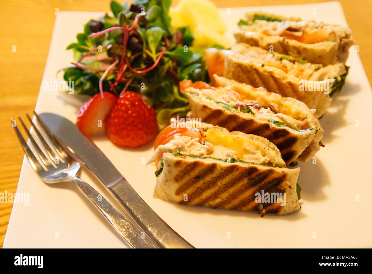Toasted panini with salad garnish on a plate Stock Photo - Alamy