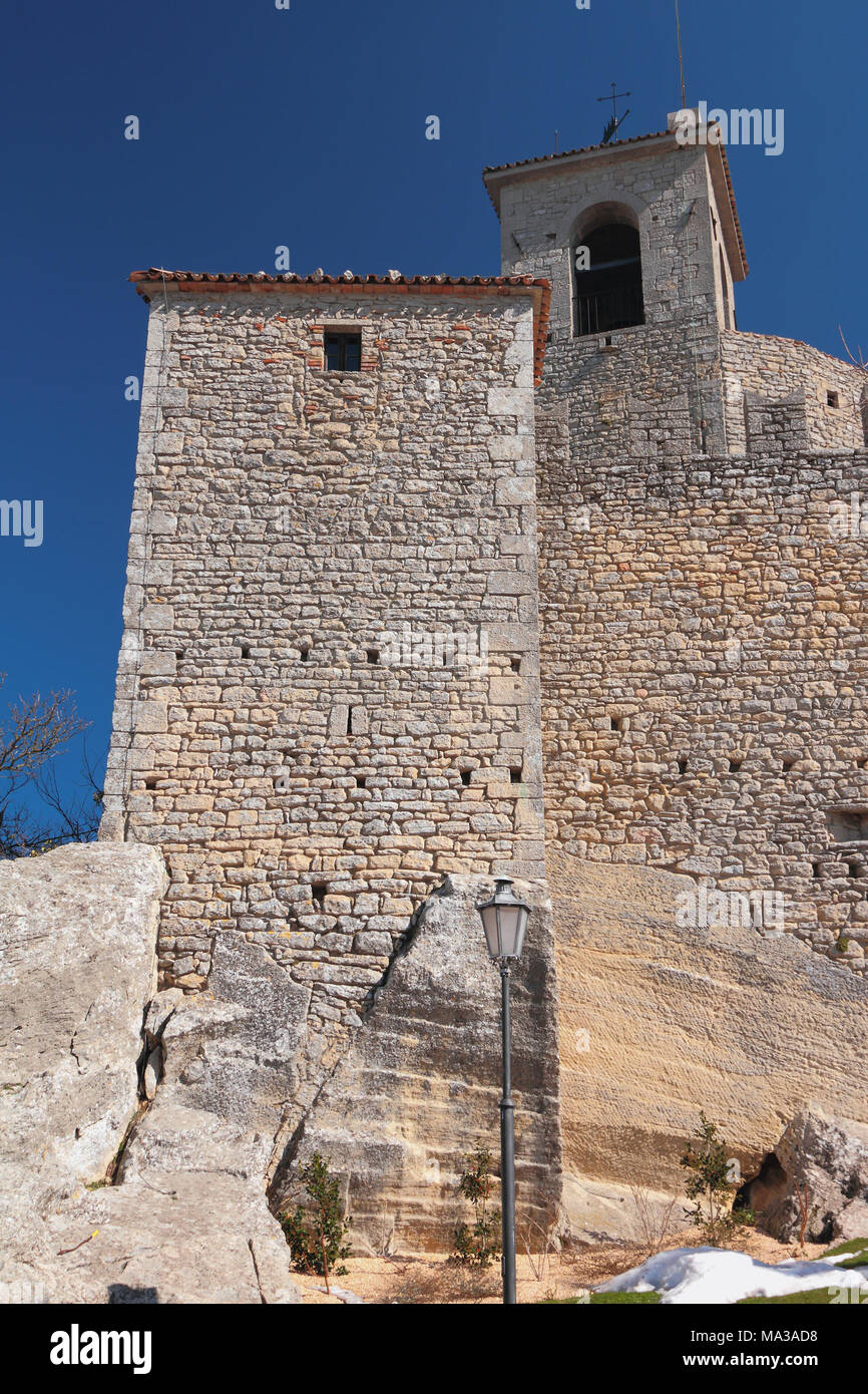 Angular tower and wall of Guaita castle. San Marino Stock Photo - Alamy