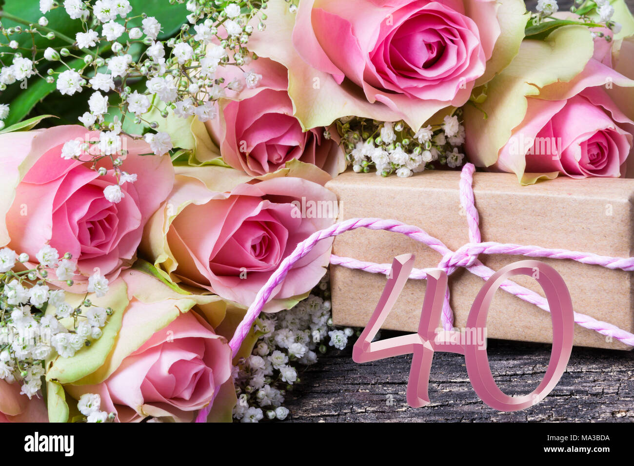 Birthday card with roses, present and number Stock Photo - Alamy
