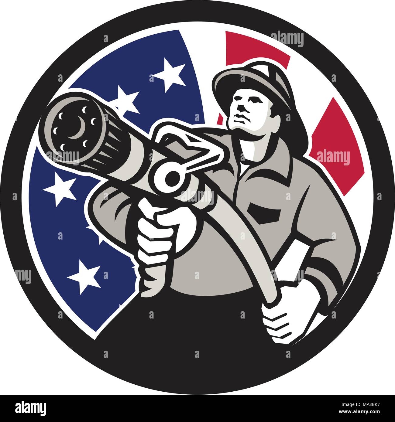 Icon retro style illustration of an American firefighter or fireman ...
