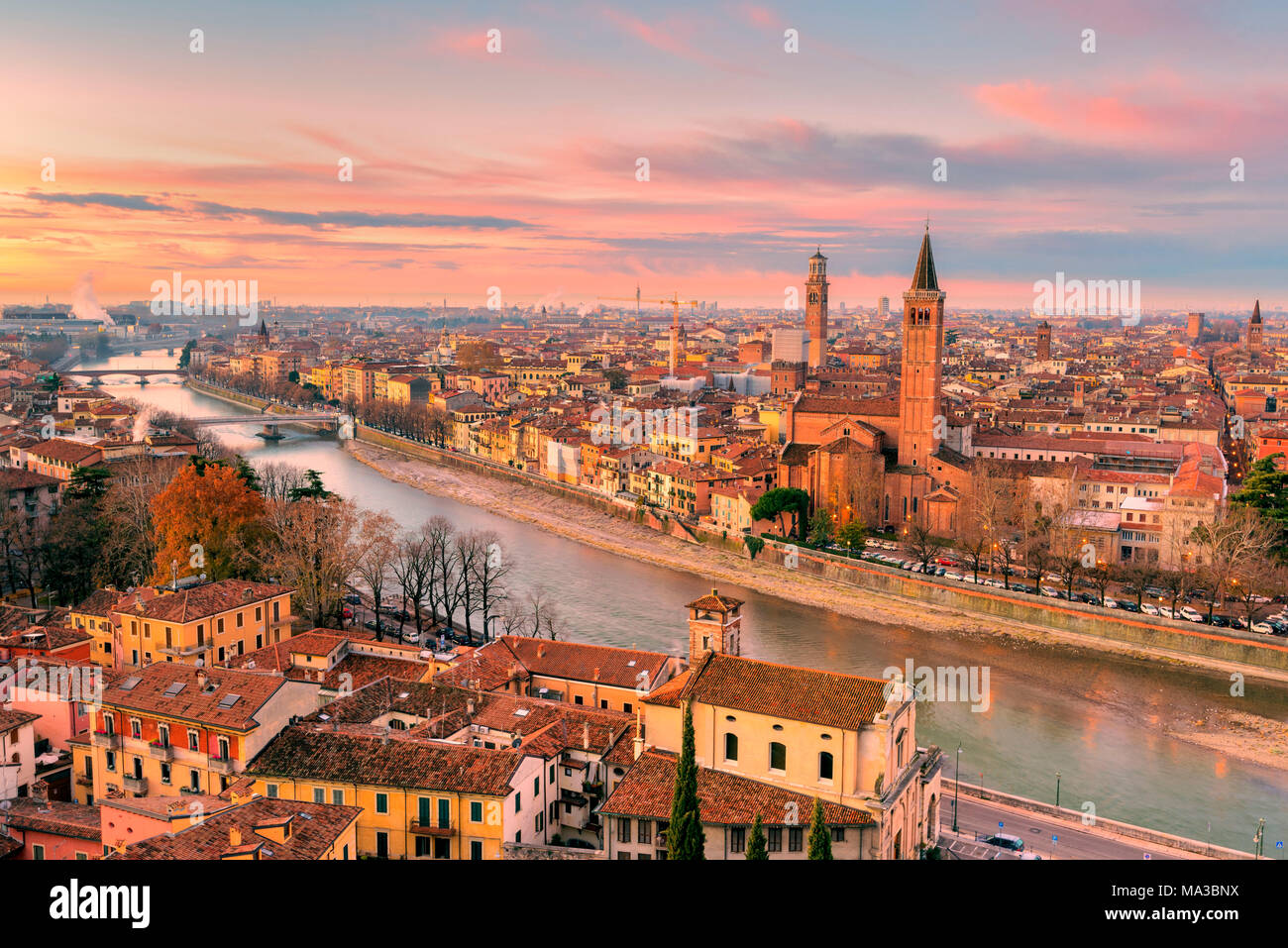 Verona, Veneto, Italy. Panoramic view of Verona from Piazzale Castel ...