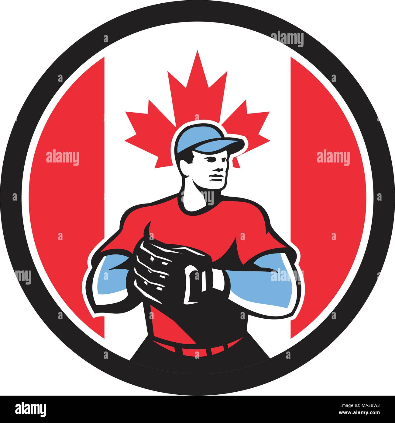 Icon retro style illustration of a Canadian baseball pitcher or catcher ...