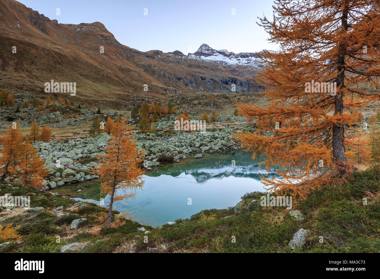 Lombardy, Italy, autumn in Painale valley. Scalino peak reflected in ...