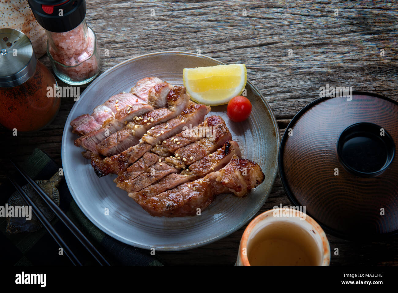 Pork grill or Buta Yaki in Japanese Pork cooking style slice cut to ...