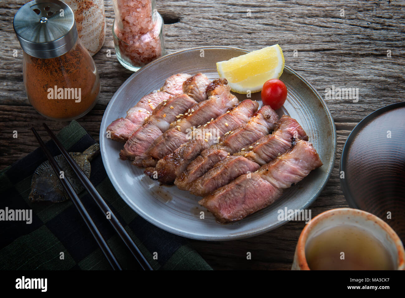 Pork grill or Buta Yaki in Japanese Pork cooking style slice cut to ...