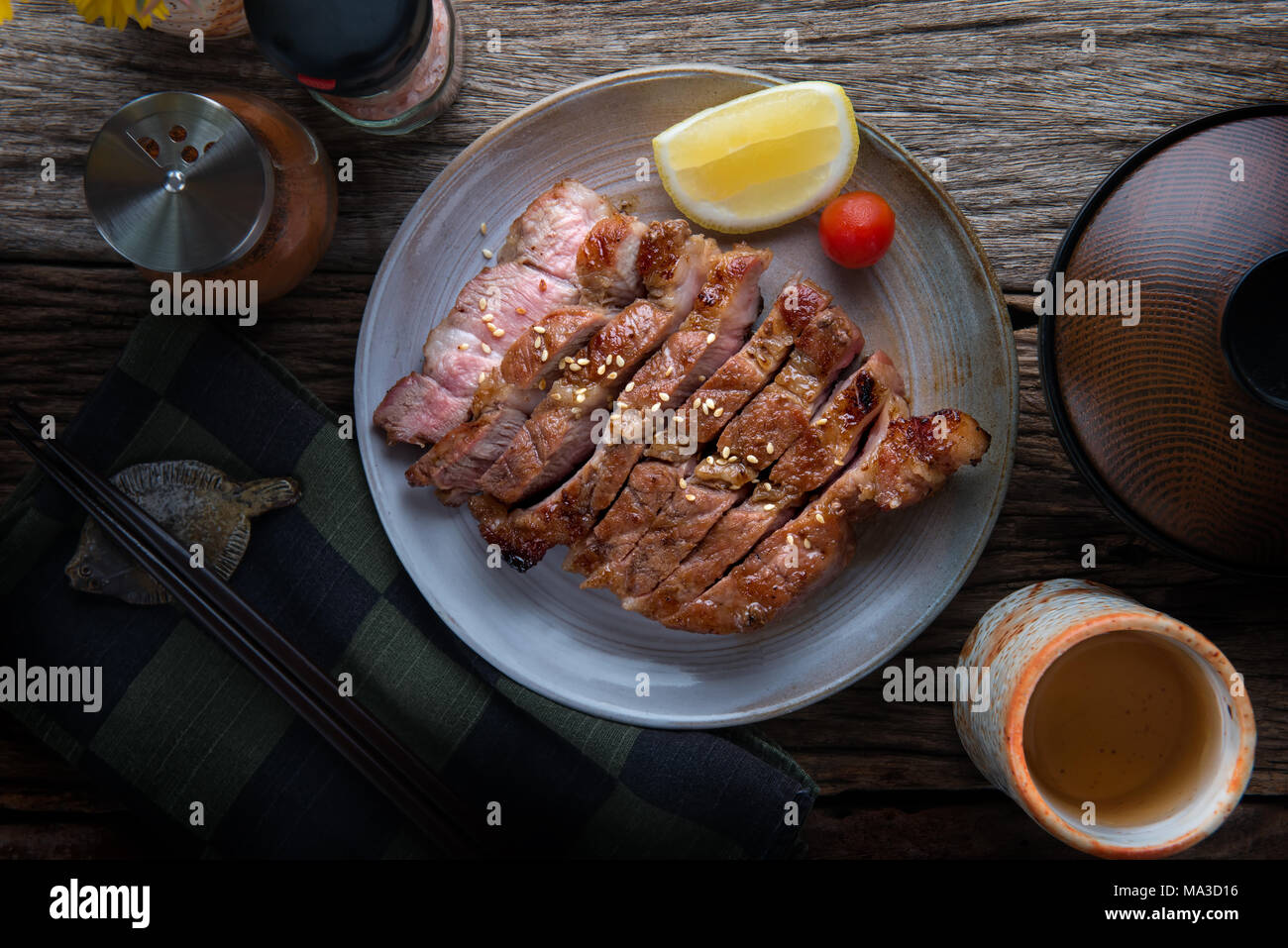 Pork grill or Buta Yaki in Japanese Pork cooking style slice cut to ...