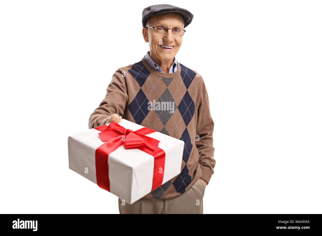 Senior giving a present isolated on white background Stock Photo - Alamy