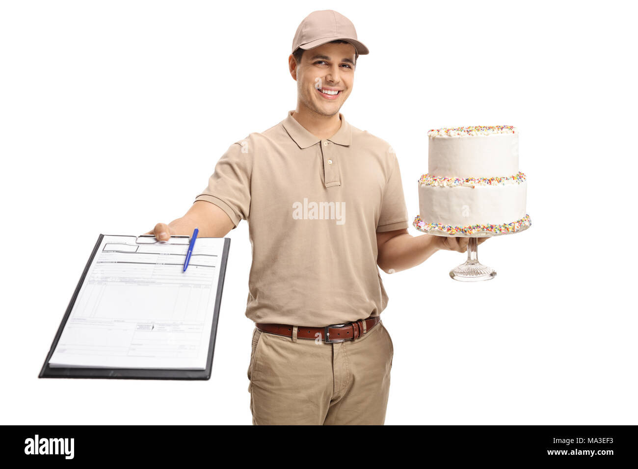 Delivery guy with a clipboard and a cake isolated on white background ...