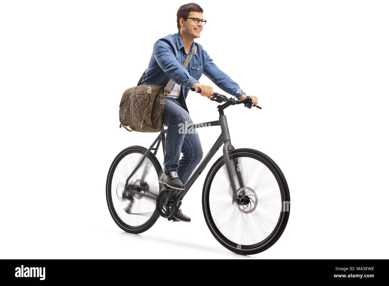 Young guy riding a bicycle isolated on white background Stock Photo - Alamy