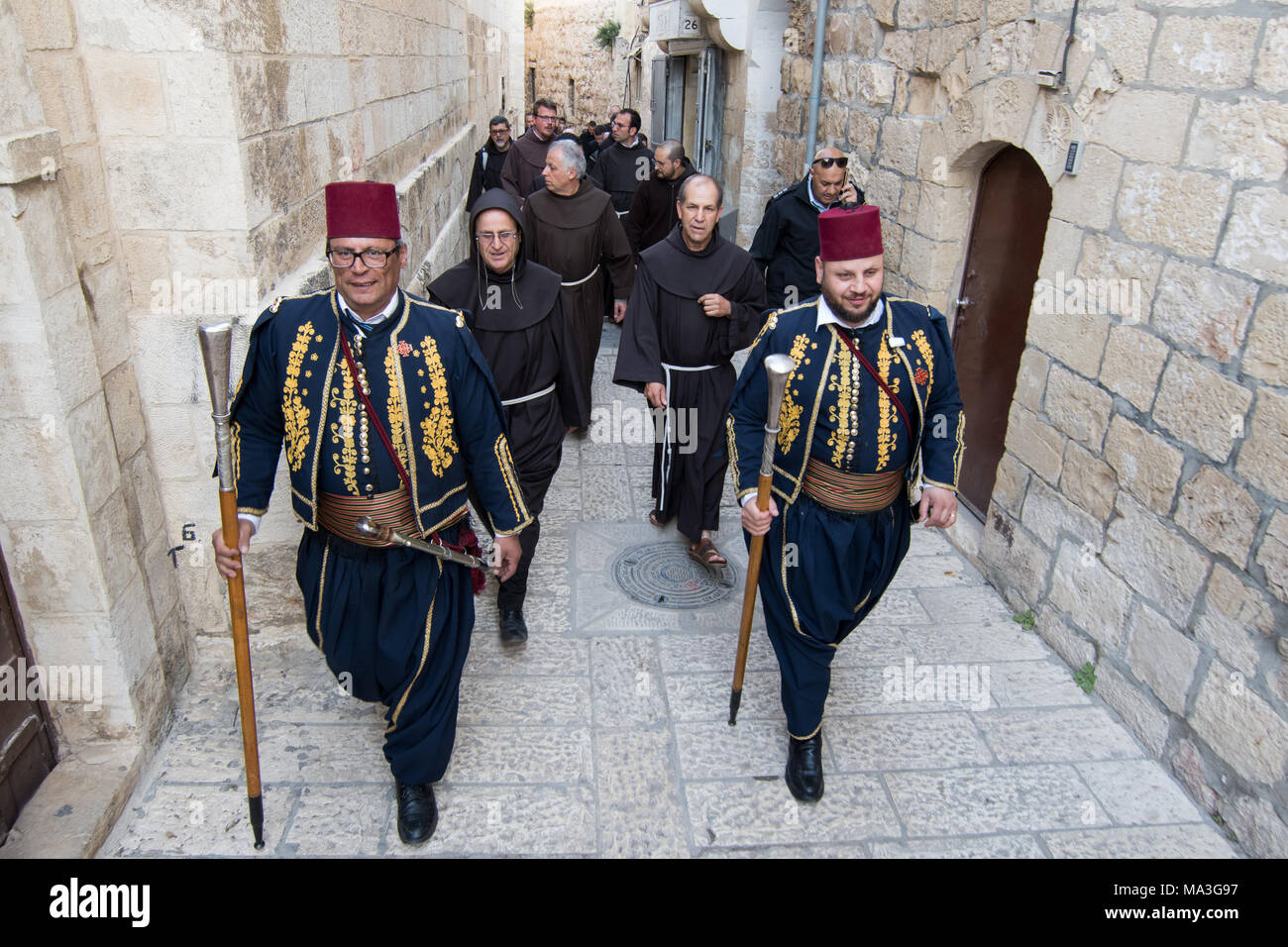 Jerusalem, Israel. 29th March, 2018. Two men dressed with the ...