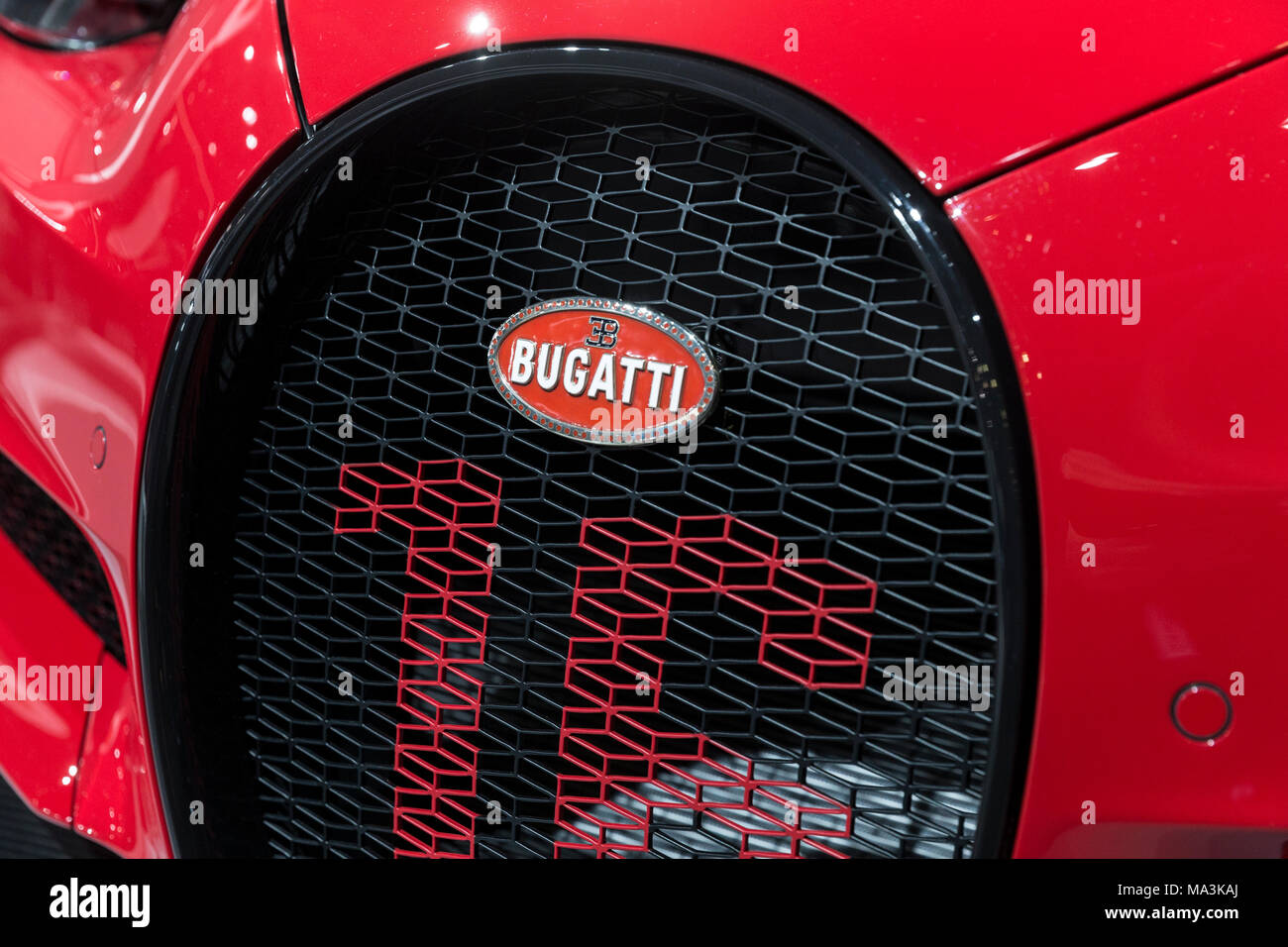 New York, NY - March 29, 2018: Bugatti Chiron Sport on display at 2018 ...