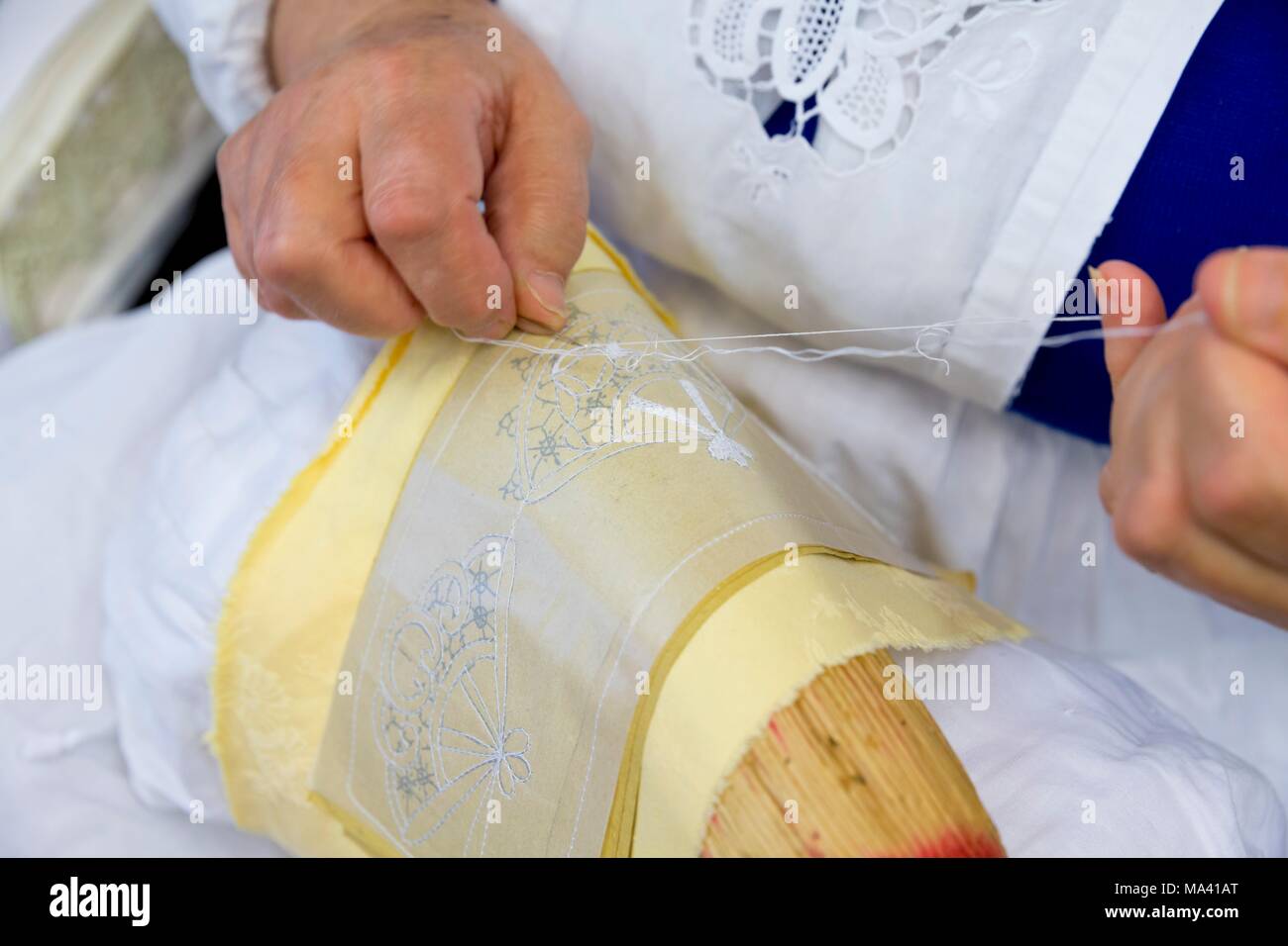 Hand embroidery in the island of Burano near Venice, Italy Stock Photo ...