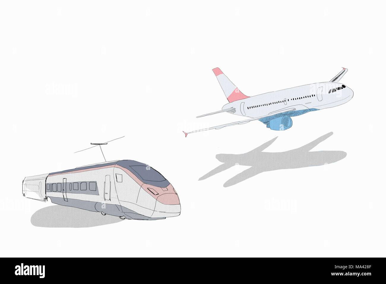 An illustration of a train and an aeroplane Stock Photo - Alamy