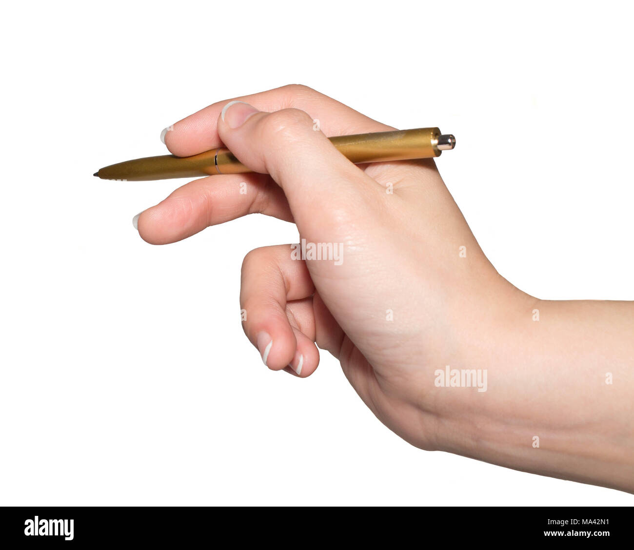 pen in female hand on white isolated background Stock Photo - Alamy