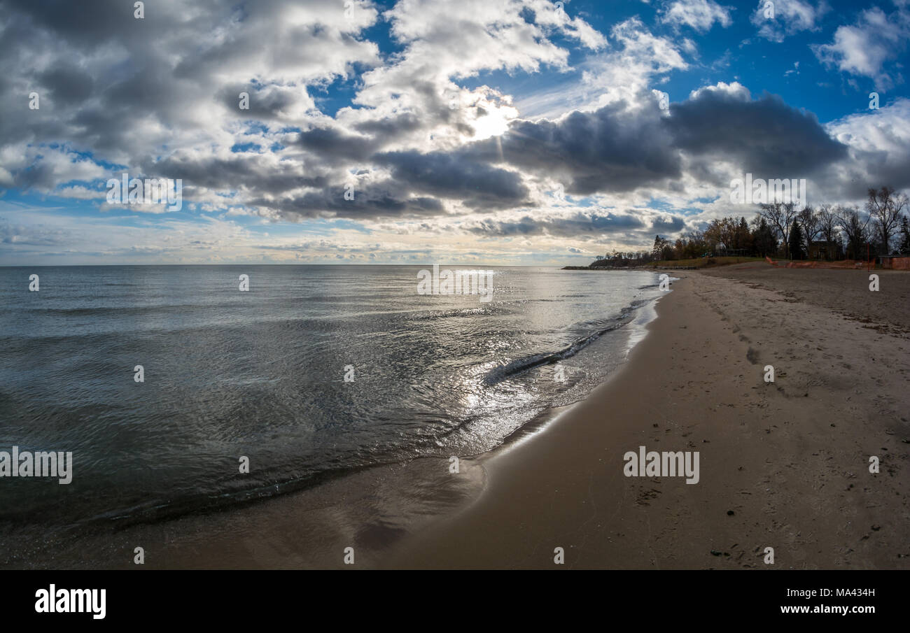 Landscape Scene of Pier, lake and beach on early spring on a beautiful ...