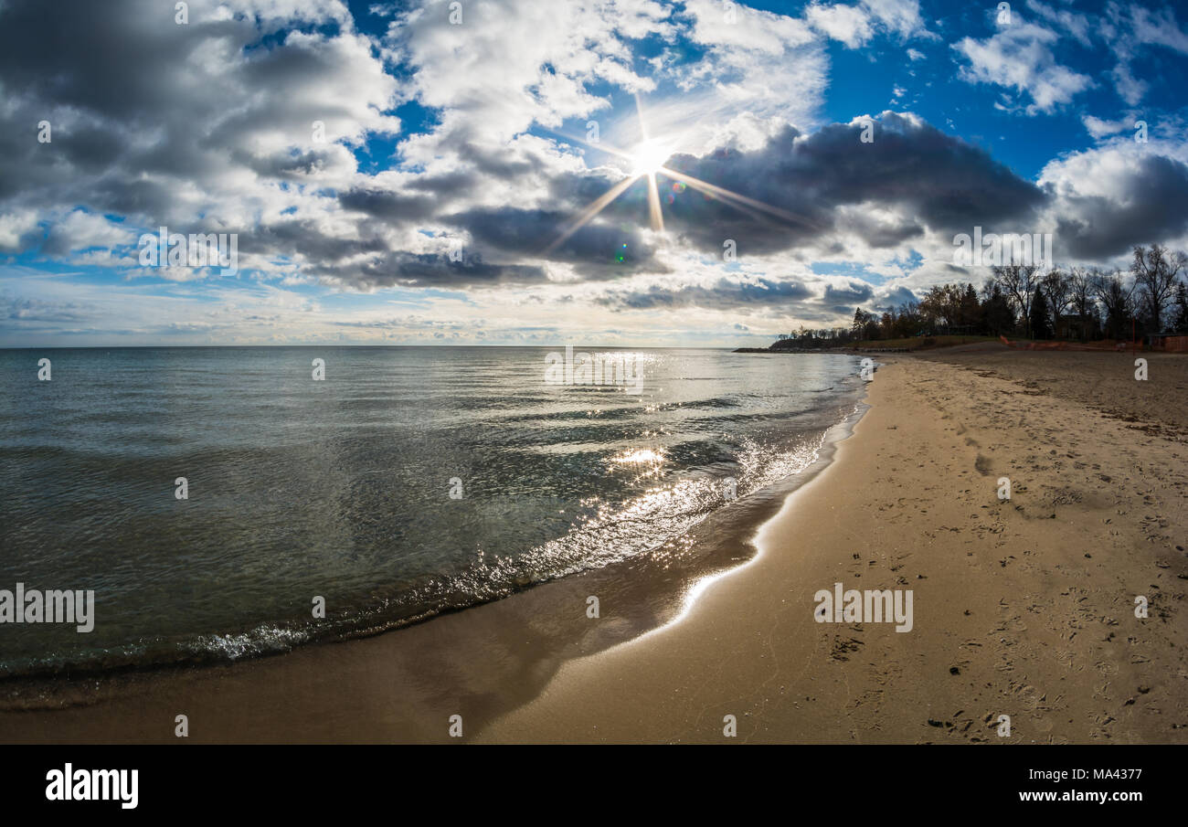 Landscape Scene of Pier, lake and beach on early spring on a beautiful ...