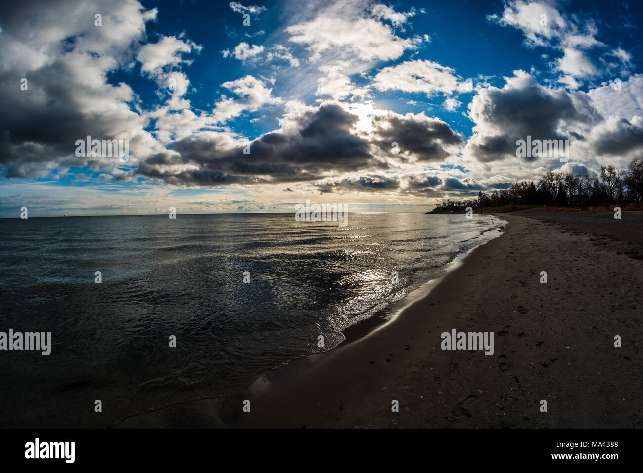 Landscape Scene of Pier, lake and beach on early spring on a beautiful ...