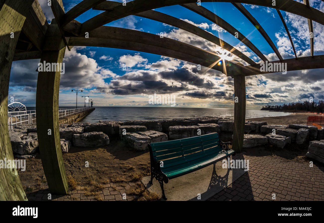 Landscape Scene of Pier, lake and beach on early spring on a beautiful ...