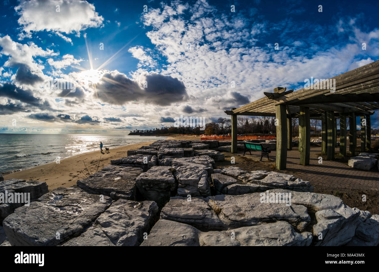 Landscape Scene of Pier, lake and beach on early spring on a beautiful ...
