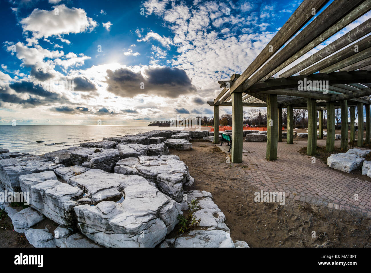 Landscape Scene of Pier, lake and beach on early spring on a beautiful ...