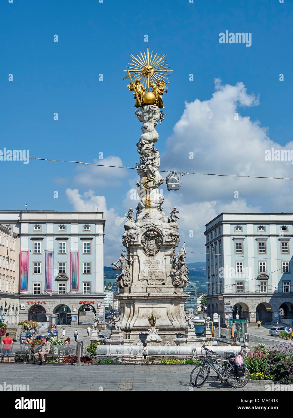 The main square with the Holy Trinity Column from 1723 in Linz, Austria ...