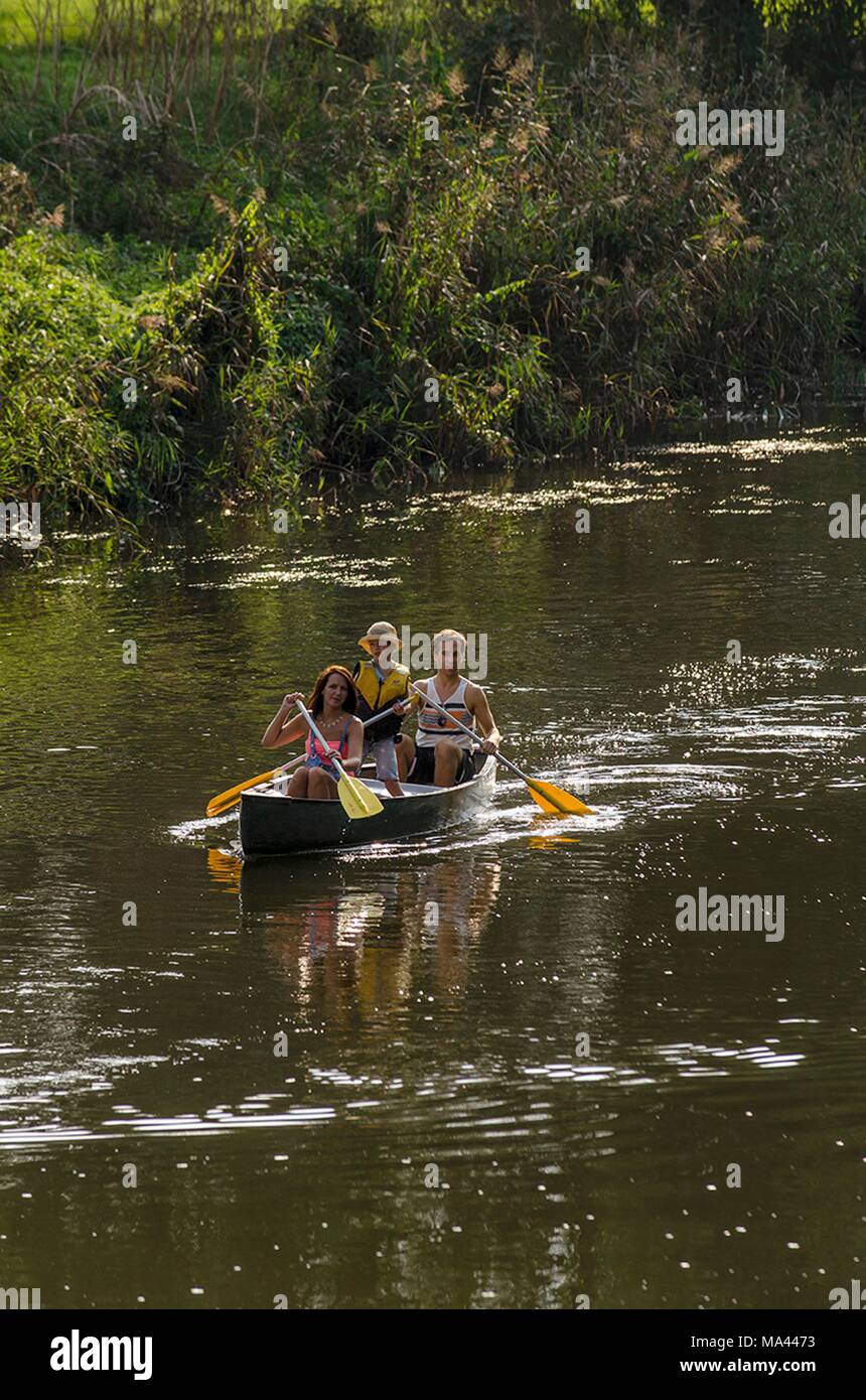 A family in a canoe on the Werra River in Thuringia, Germany Stock ...