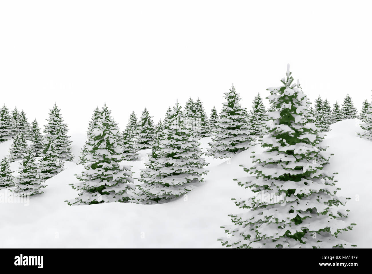 Winter landscape trees and hills covered in snow isolated on white ...