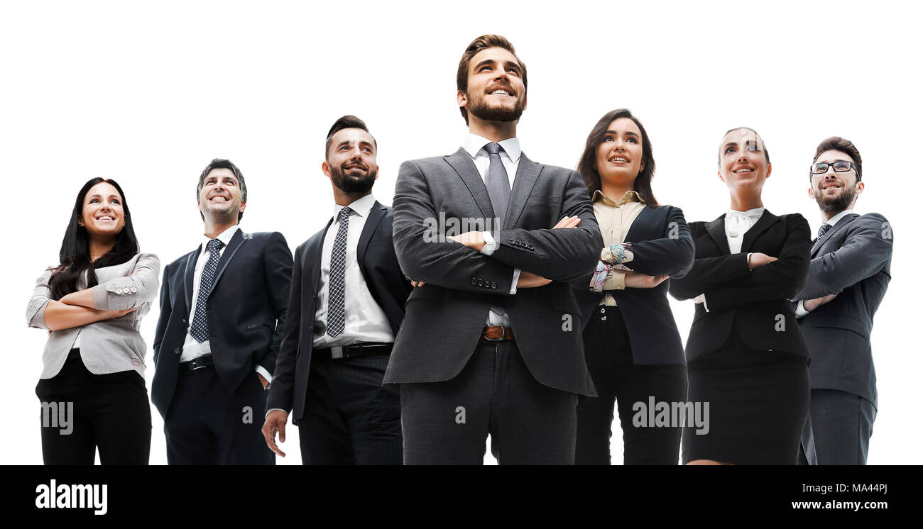 Portrait of friendly business team standing in isolation Stock Photo ...