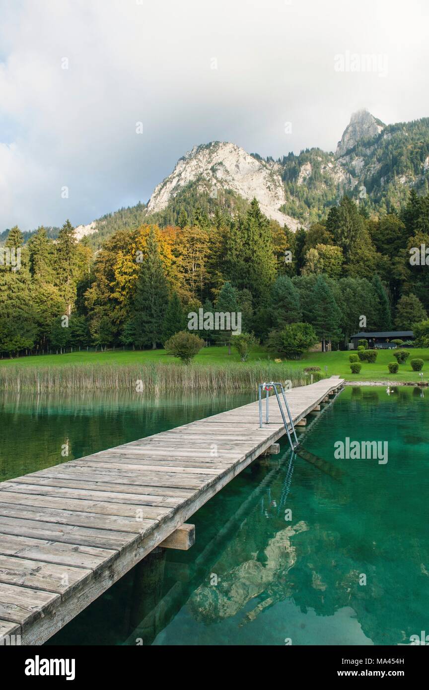 The outdoor pool at the Alpsee lake near Schwangau in the Allgäu region ...