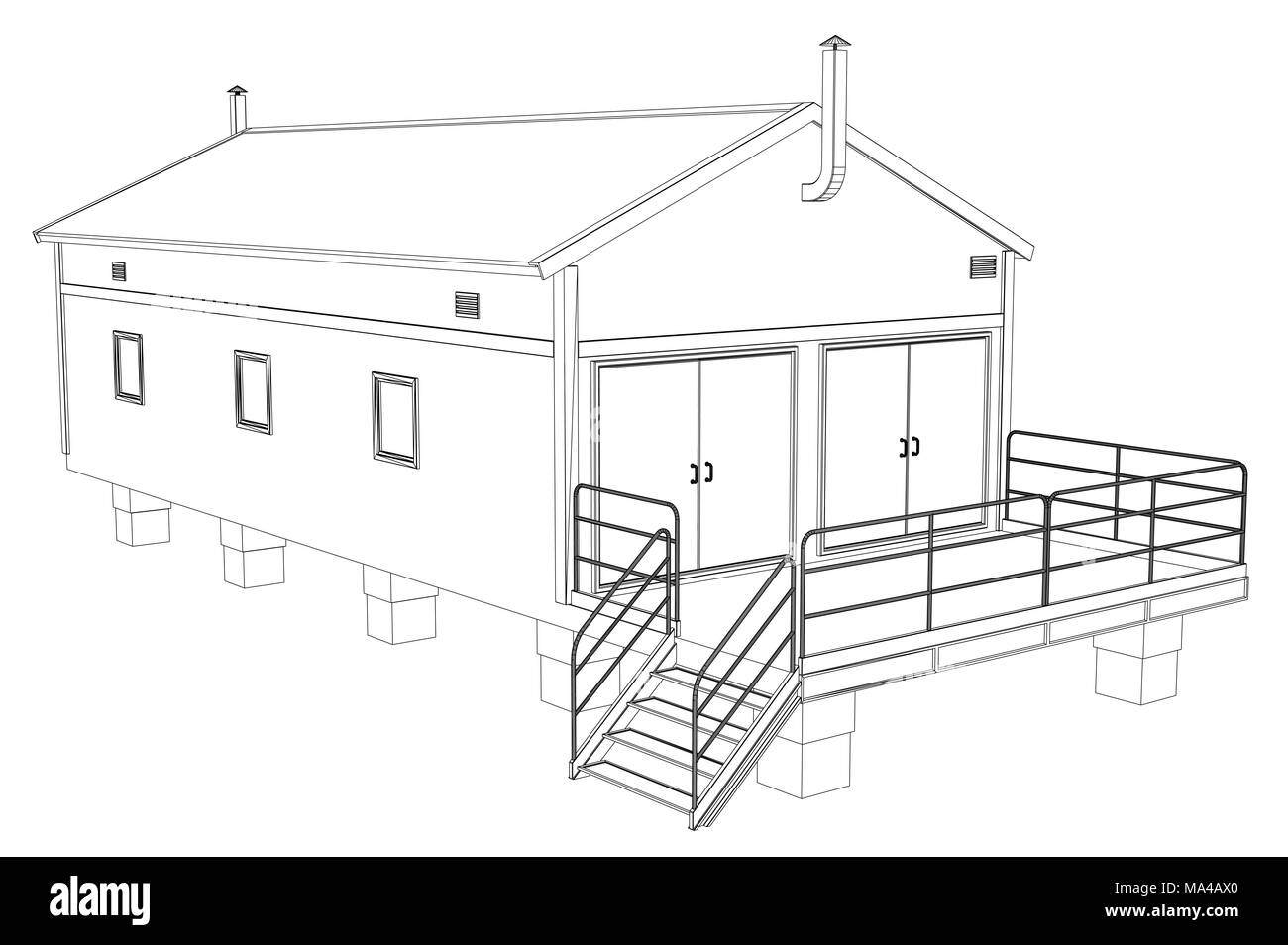 Wire-frame industrial building on the white background. 3d illustration ...