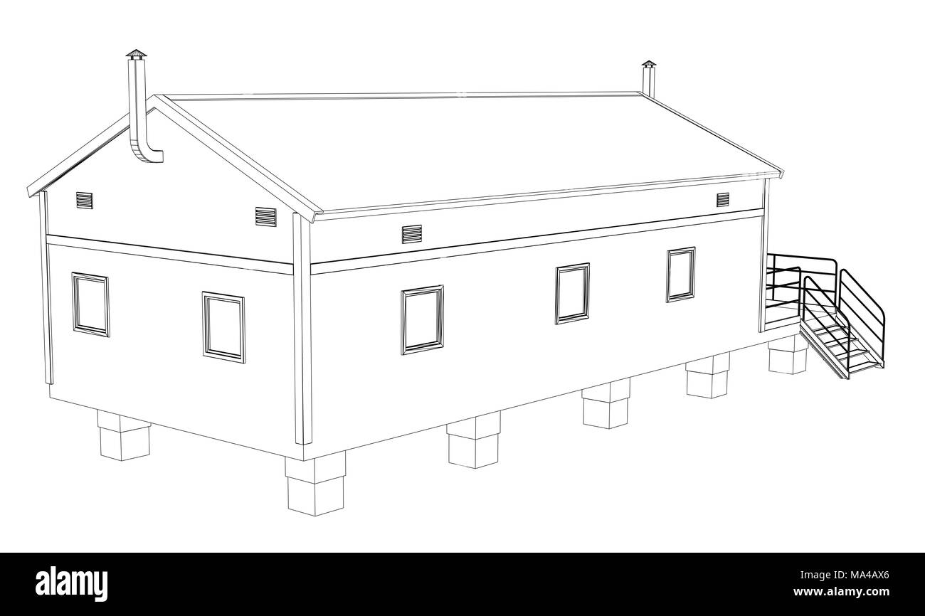 Wire-frame industrial building on the white background. 3d illustration ...