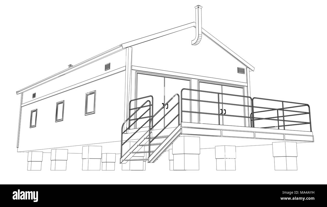 Wire-frame industrial building on the white background. 3d illustration ...