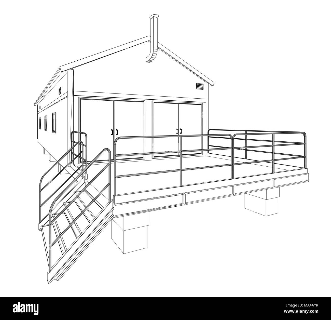 Wire-frame industrial building on the white background. 3d illustration ...