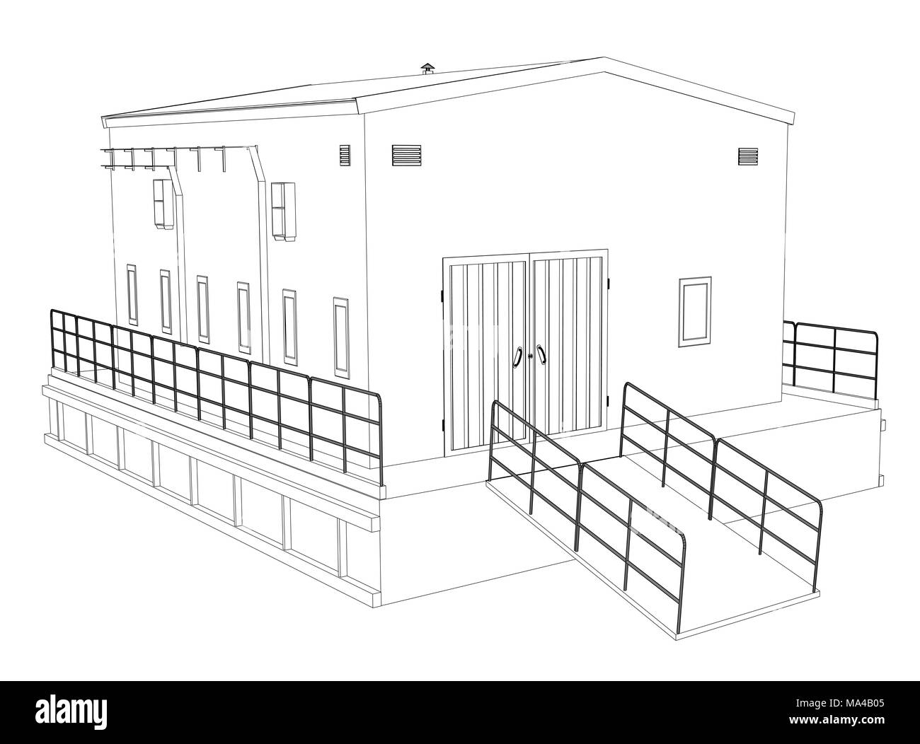 Wire-frame industrial building on the white background. 3d illustration ...