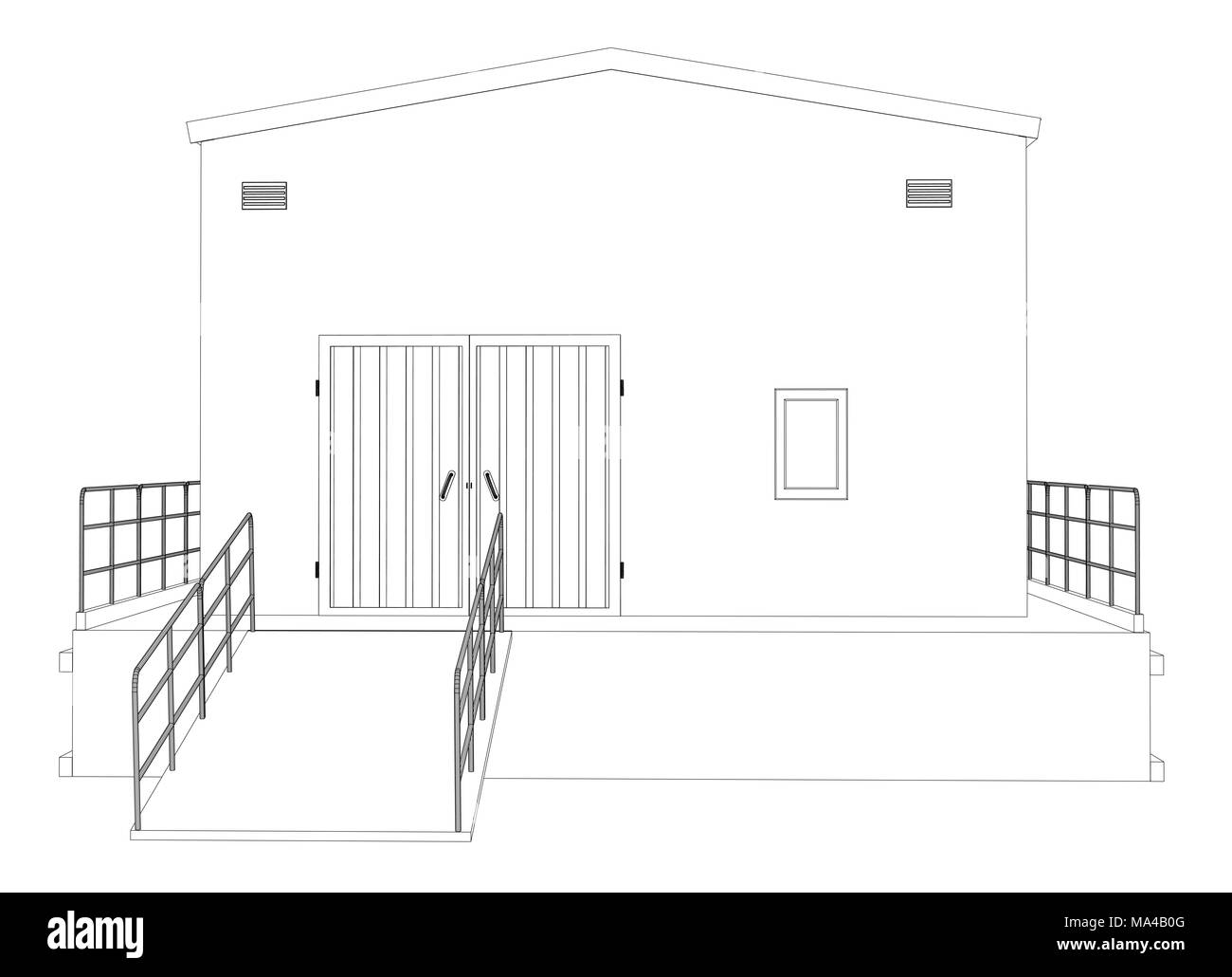 Wire-frame industrial building on the white background. 3d illustration ...