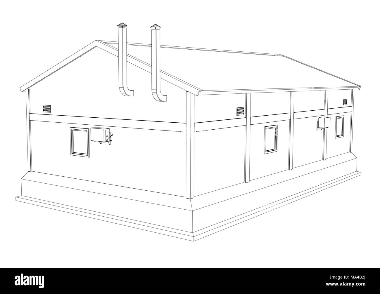 Wire-frame industrial building on the white background. 3d illustration ...