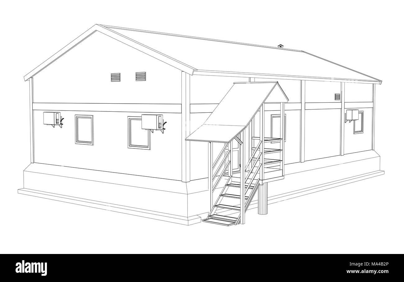 Wire-frame industrial building on the white background. 3d illustration ...