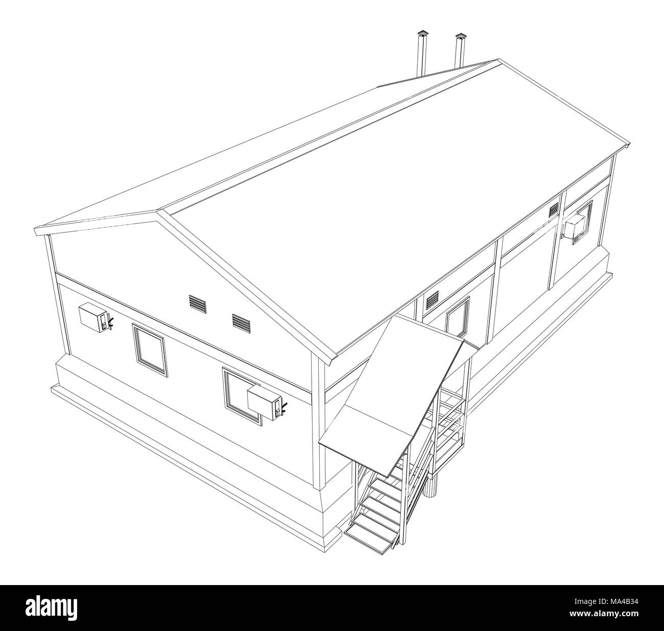 Wire-frame industrial building on the white background. 3d illustration ...