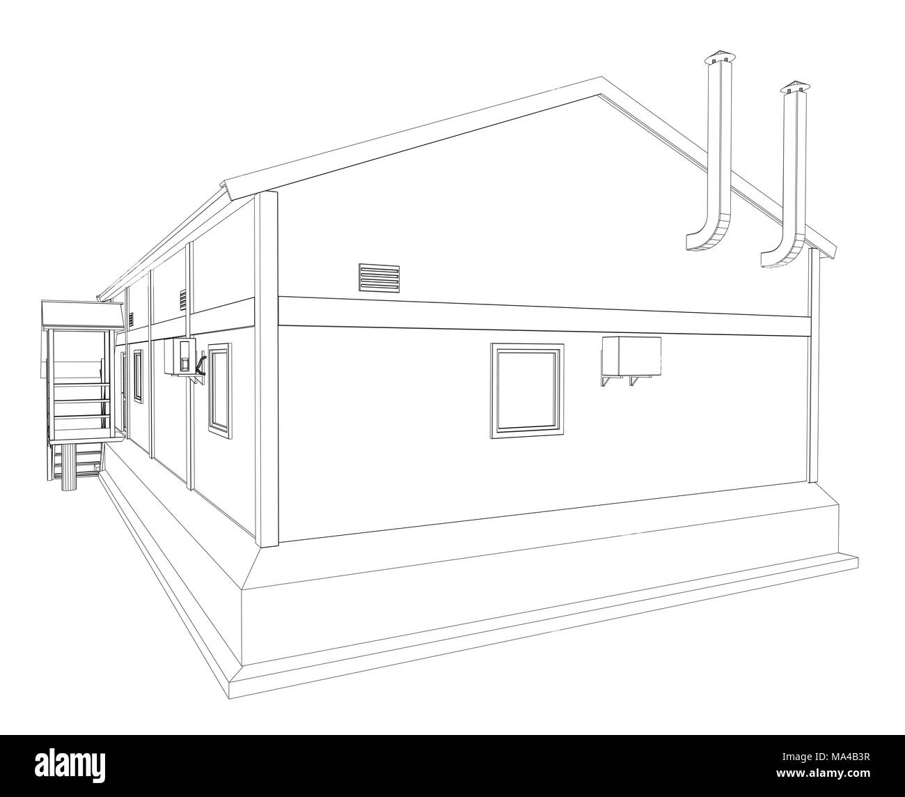 Wire-frame industrial building on the white background. 3d illustration ...