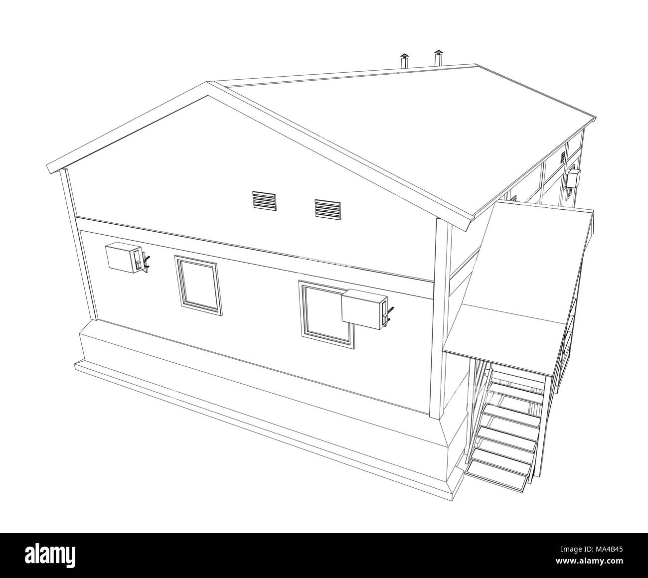 Wire-frame industrial building on the white background. 3d illustration ...