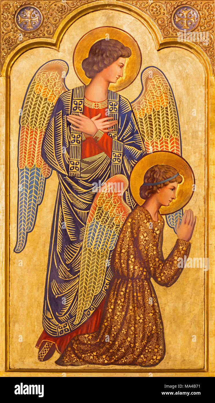 ZARAGOZA, SPAIN - MARCH 1, 2018: The icon of prayered angels on the ...