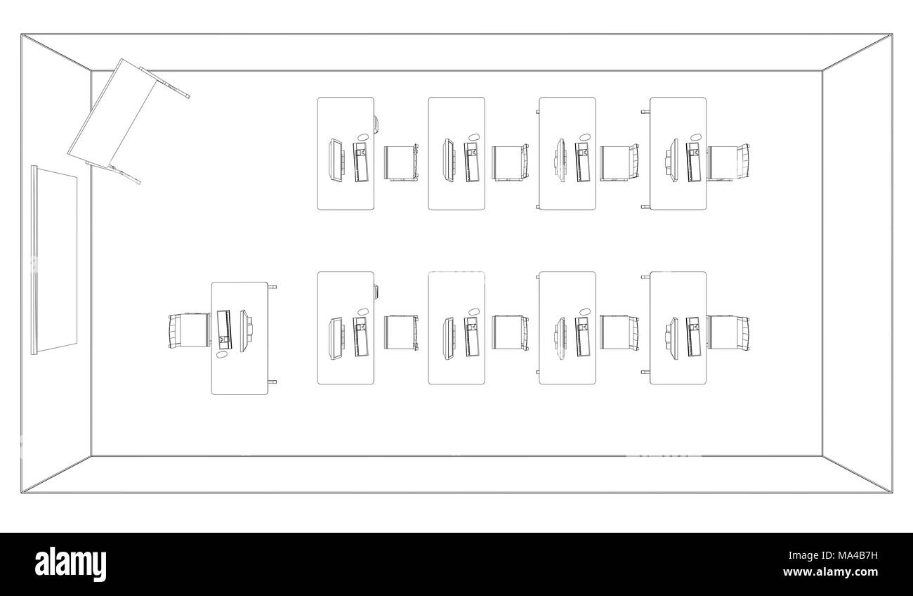 Computer class with tables and computers. Top view. 3d illustration ...