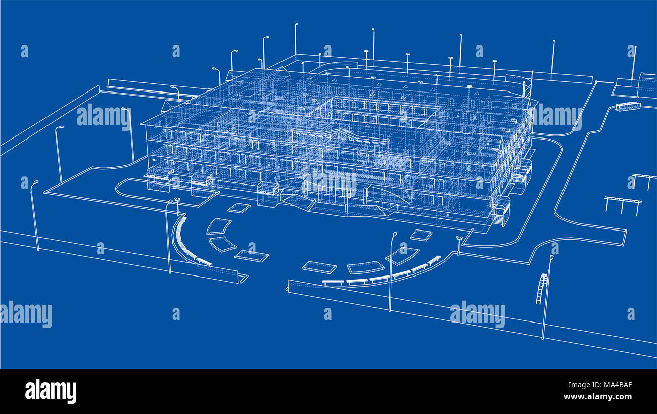 Abstract building on blue background. 3d illustration. Wire-frame style ...