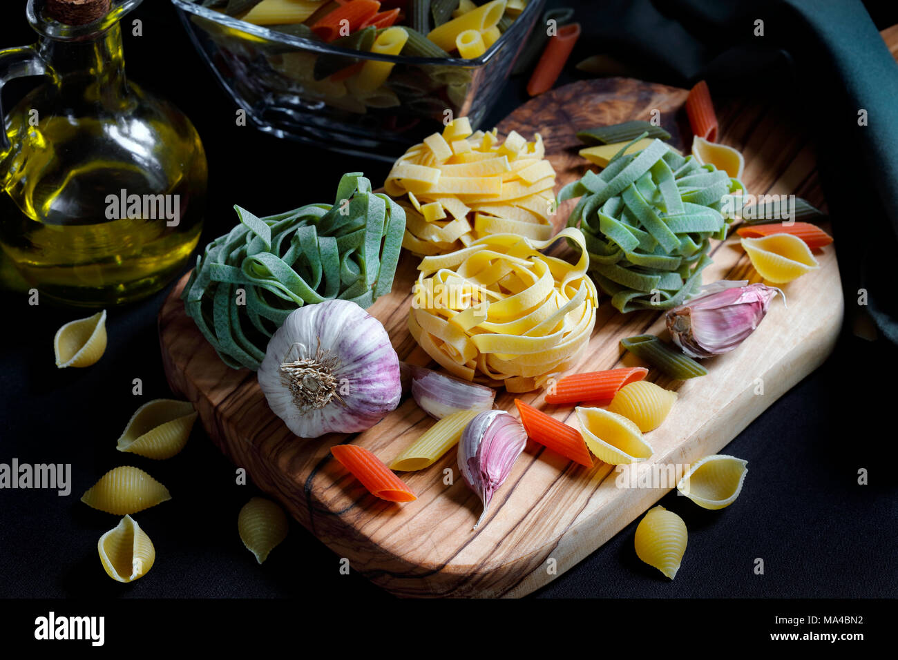 Close up Chiaroscuro Dark Food Pasta ingredients with spaghetti ...
