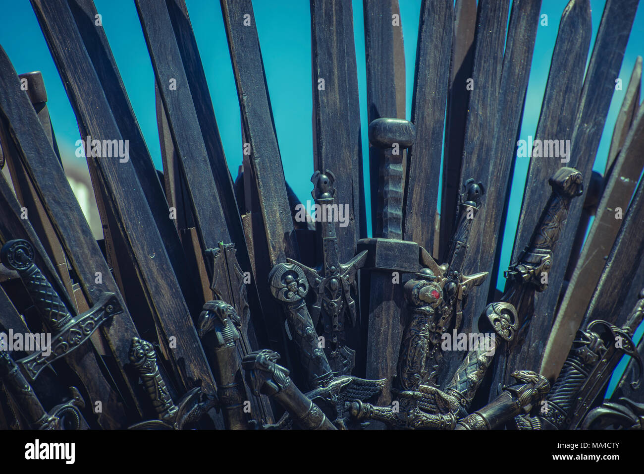Warrior, Iron throne made with swords, fantasy scene or stage ...