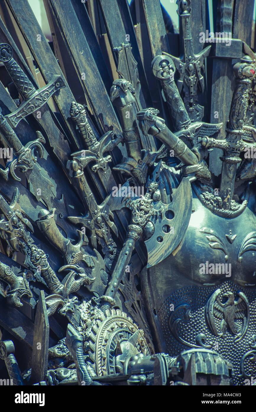 Iron throne made with swords, fantasy scene or stage. Recreation of a ...