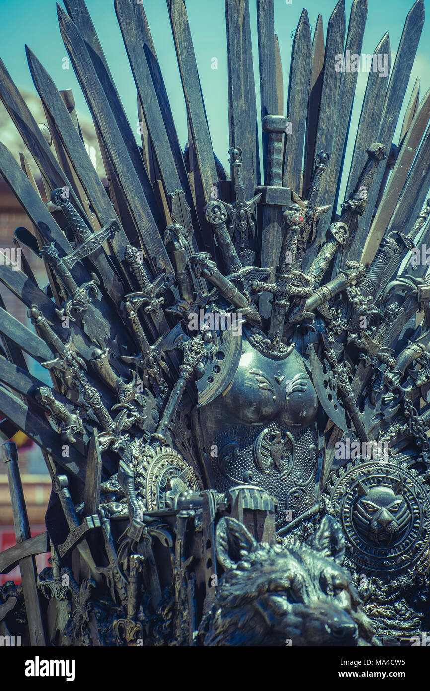 Fantasy, royal throne made of iron swords, seat of the king, symbol of ...
