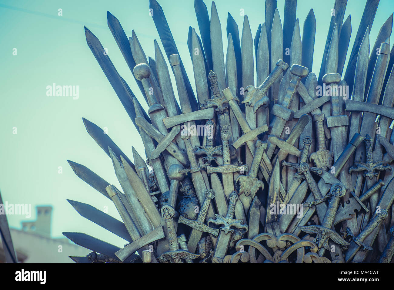 Iron throne made with swords, fantasy scene or stage. Recreation of a ...